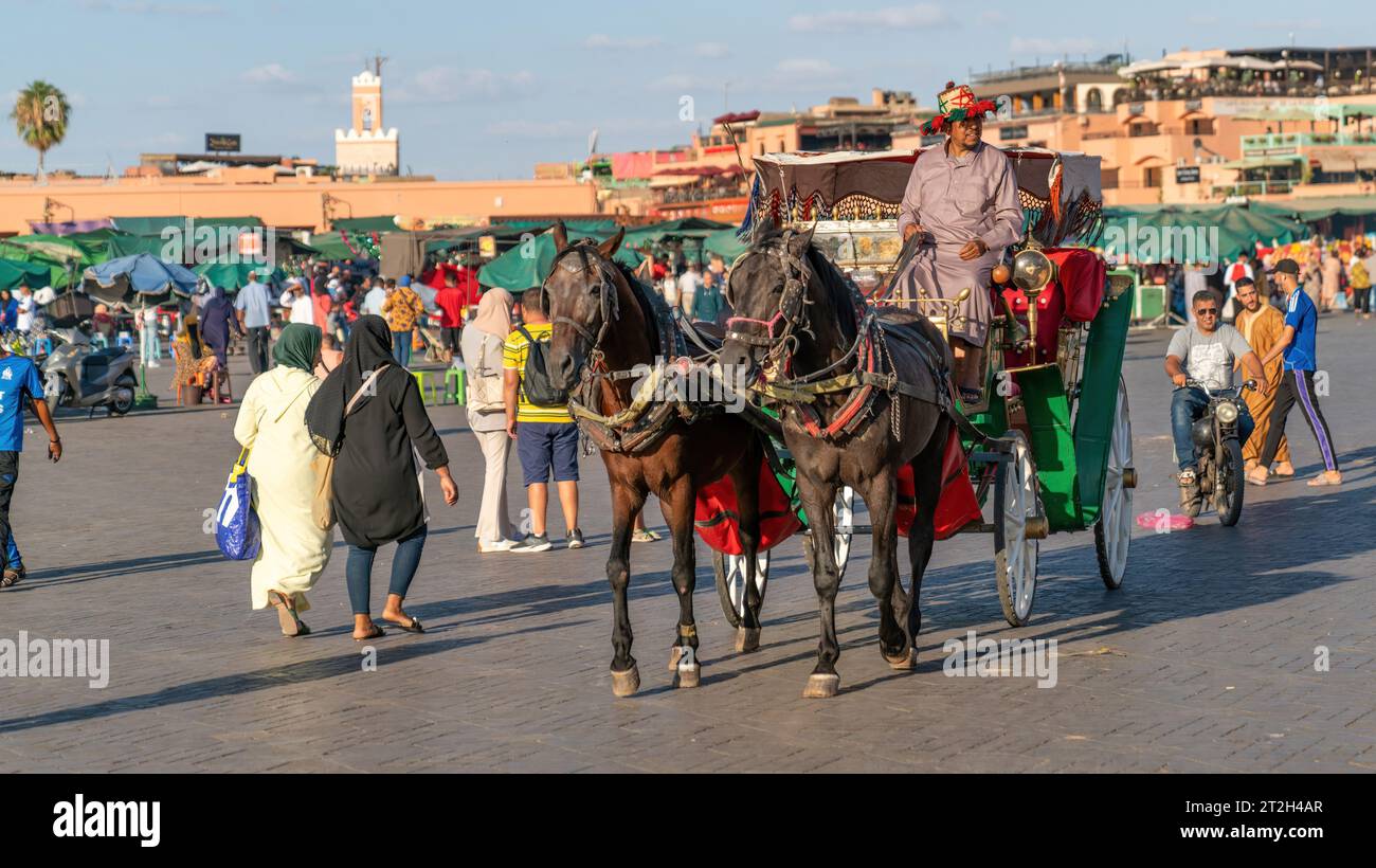Marrakesh, Morocco - 15 September 2022: Horse carriage in famous Jemaa ...