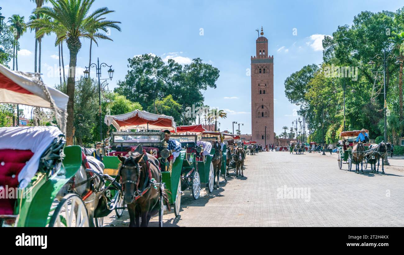 Marrakesh, Morocco - 15 September 2022: Horse carriages in Jemaa el ...
