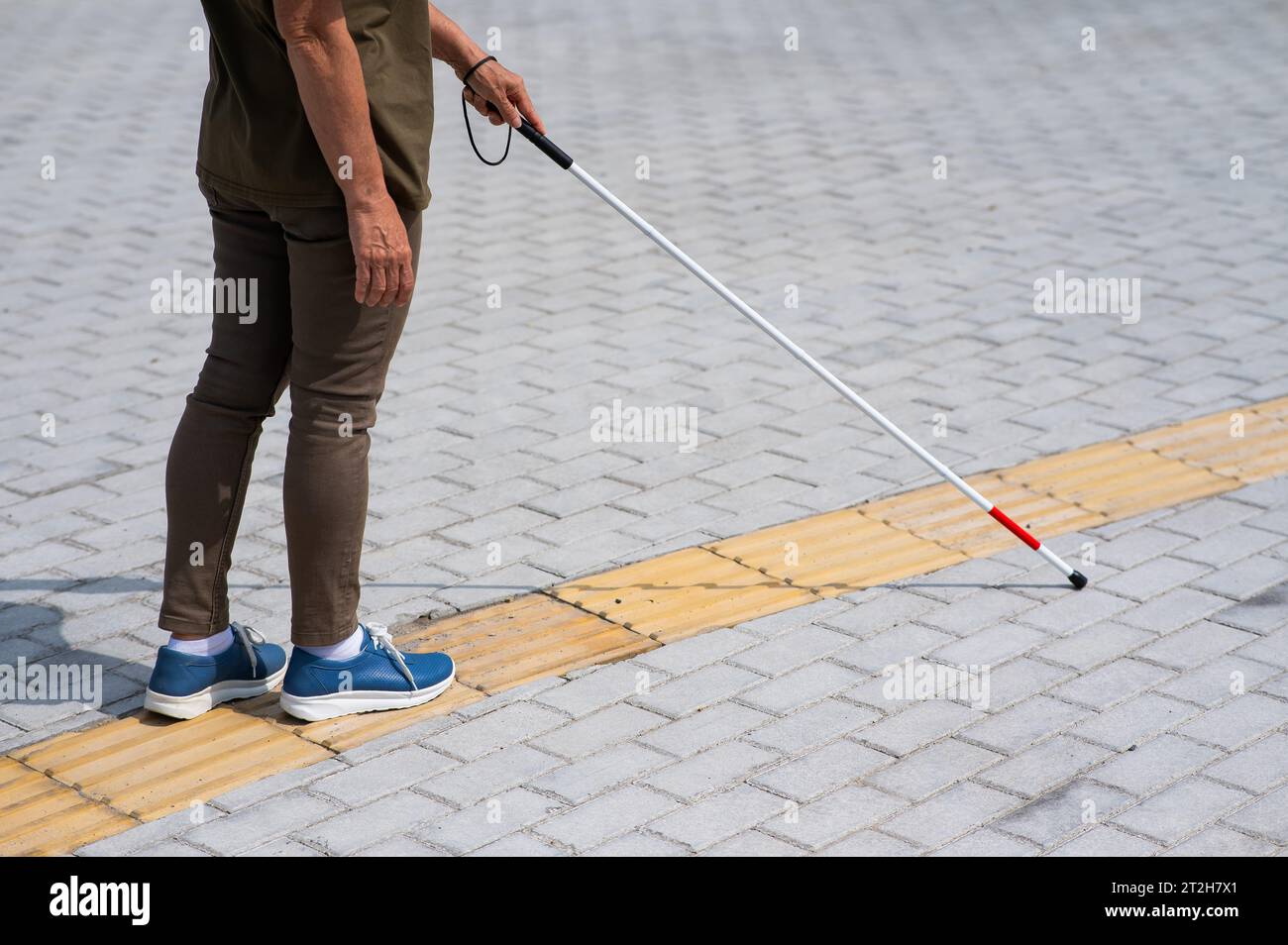 Close-up of the legs of an elderly blind woman with a cane at a tactile ...