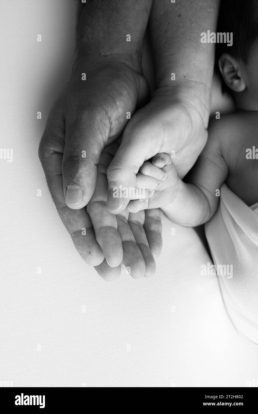 Small newborn hand with tiny fingers. The palm of parents, father and ...