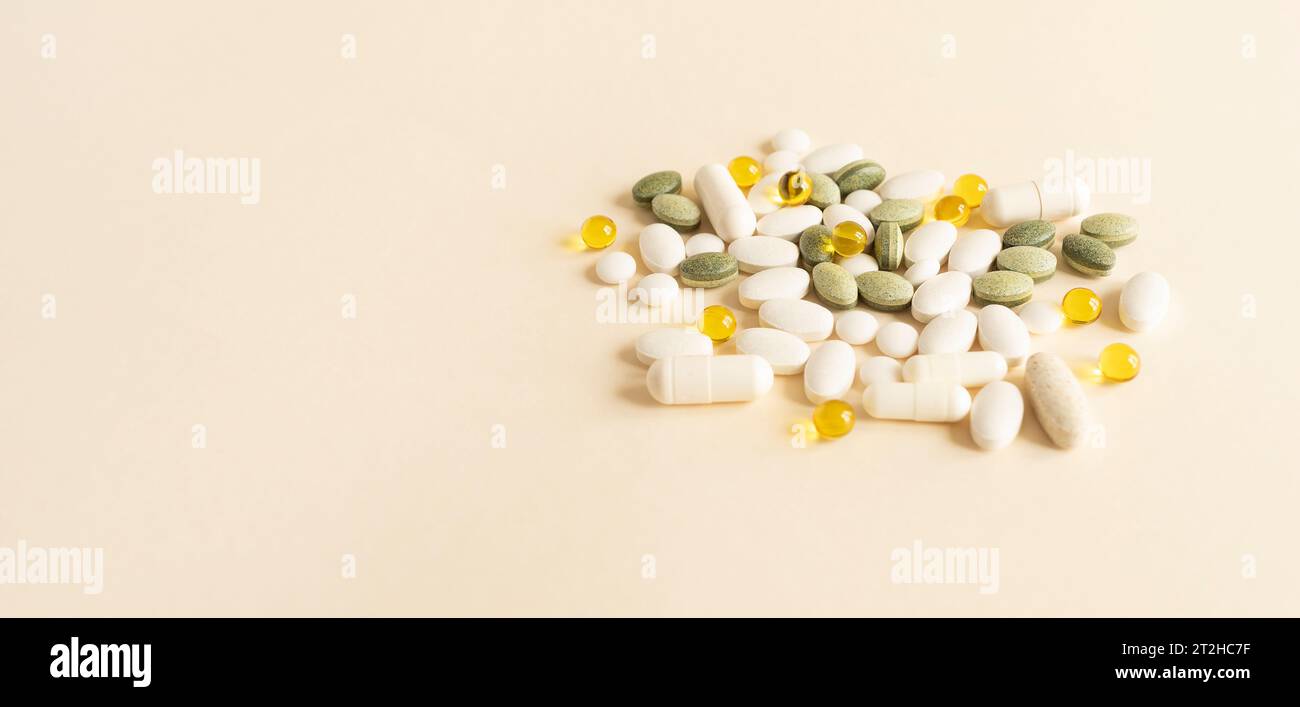 Banner Colorful Pile of Scattered Capsules, Pills, Tablets on Beige ...