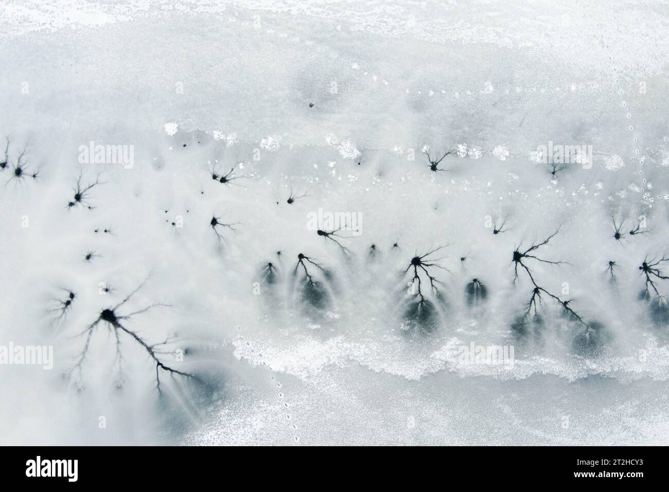 Aerial top-down winter view of frozen lake surface, ice texture with ...