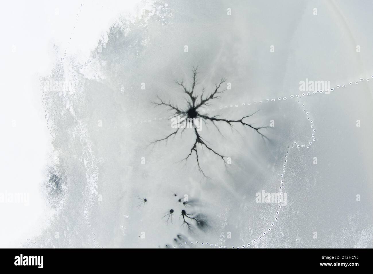 Aerial top-down winter view of frozen lake surface, ice texture with ...