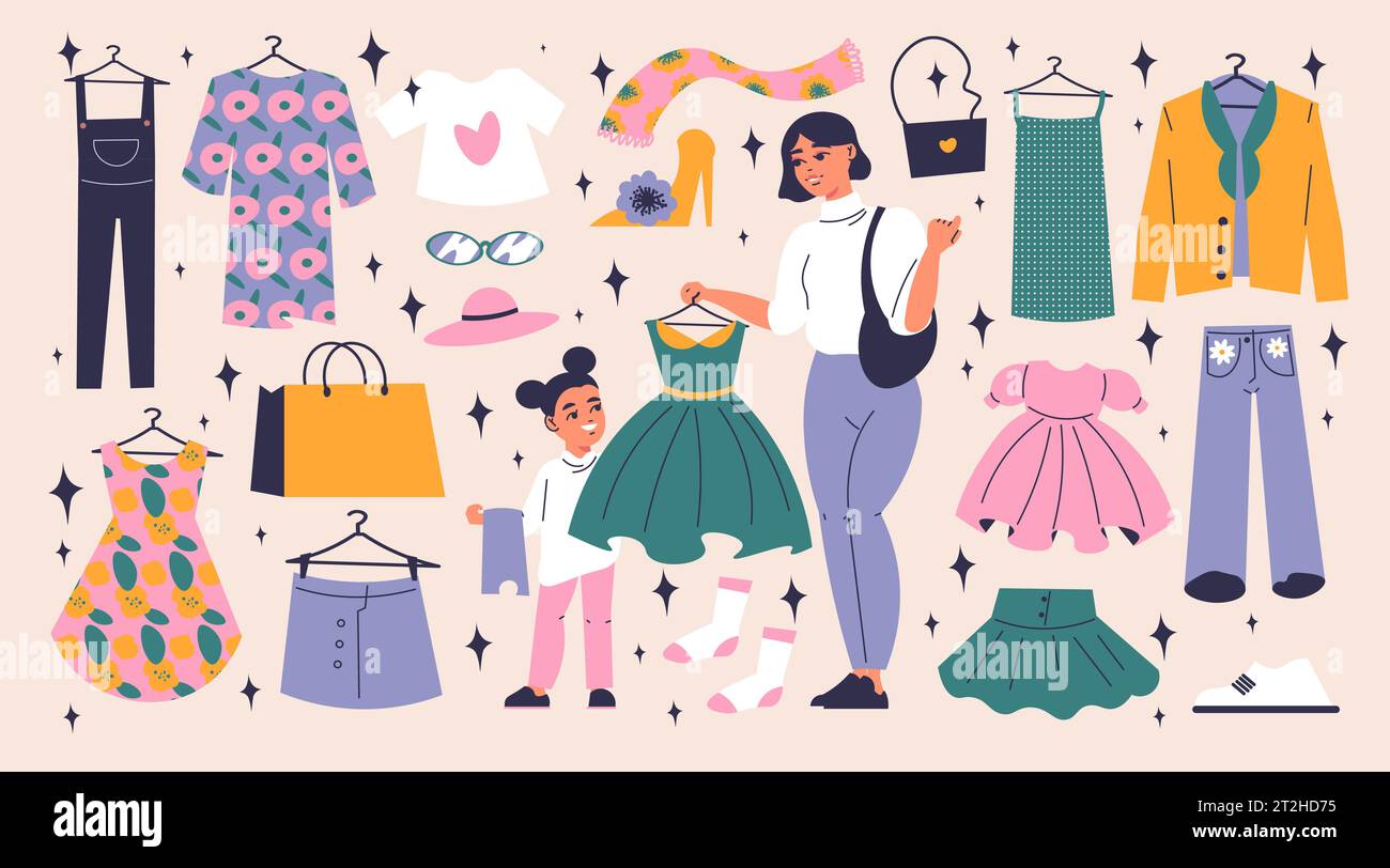 Kids dress up flat items set with little girl and fancy clothing ...