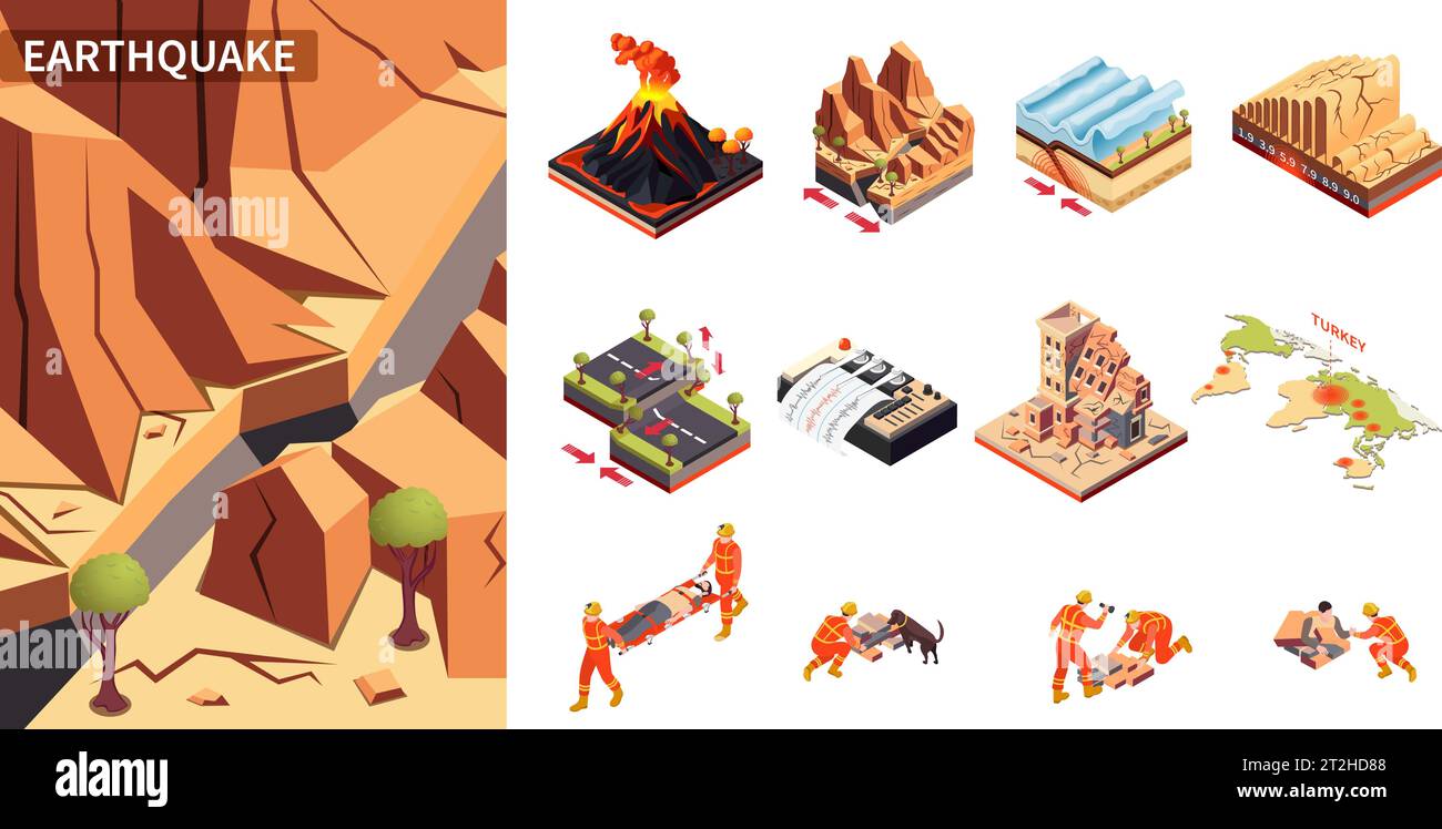 Earthquake disaster composition with volcanic eruption and tectonic ...