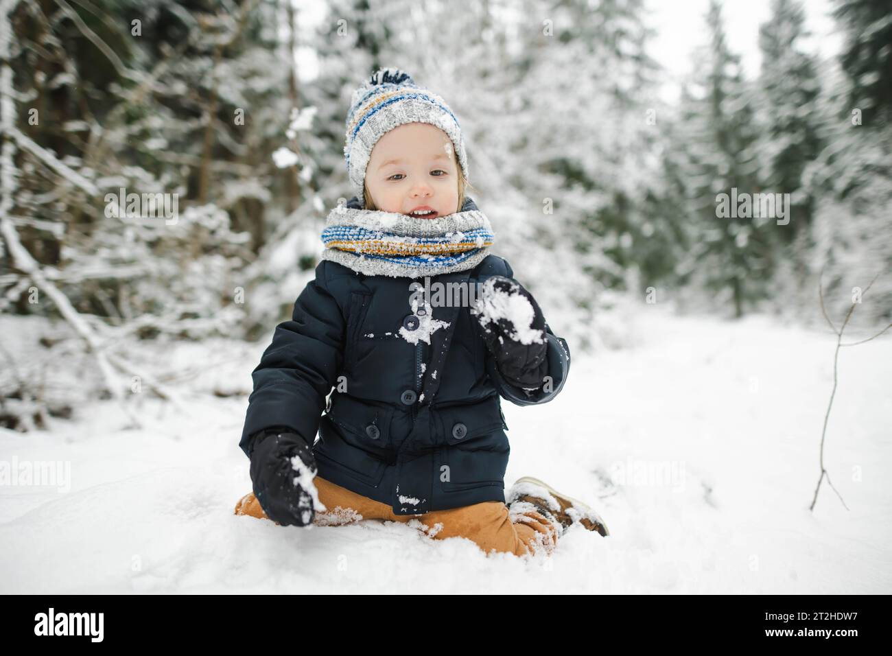 Cute toddler boy having fun on a walk in snow covered pine forest on ...