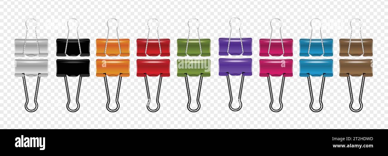 Multicolored row of paper binder clips at transparent background ...