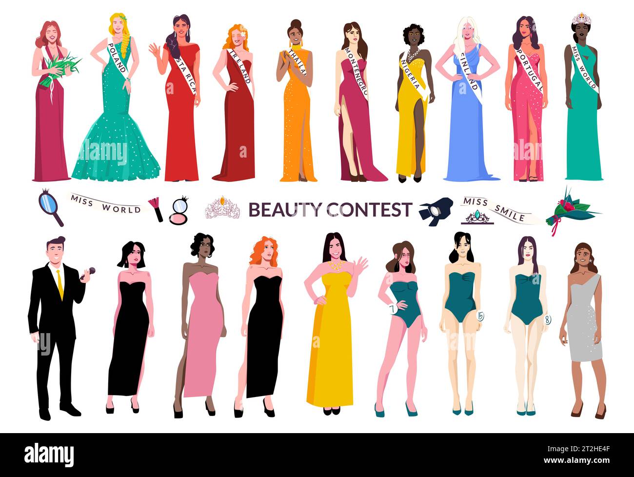 Beauty contest flat icon set with beautiful girls in dresses of ...