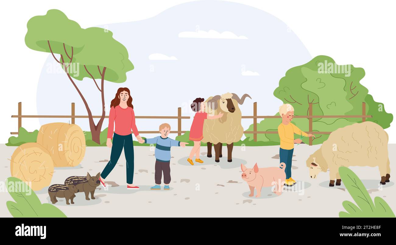 Contact farm flat composition with family spending time in animal ...