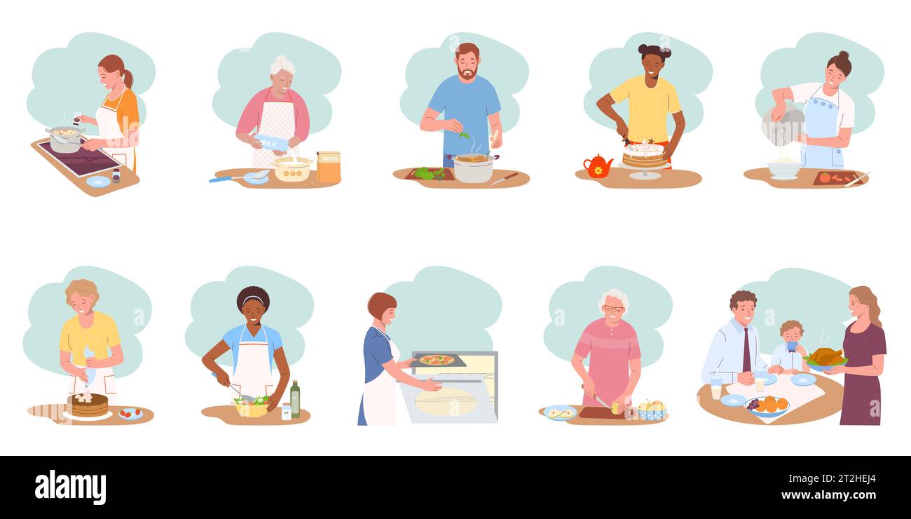 Cook Home Flat Set With Isolated Compositions Of Cooking People Of