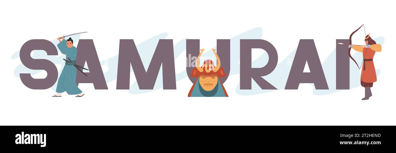 Samurai flat text with male warriors in traditional japan suits vector ...