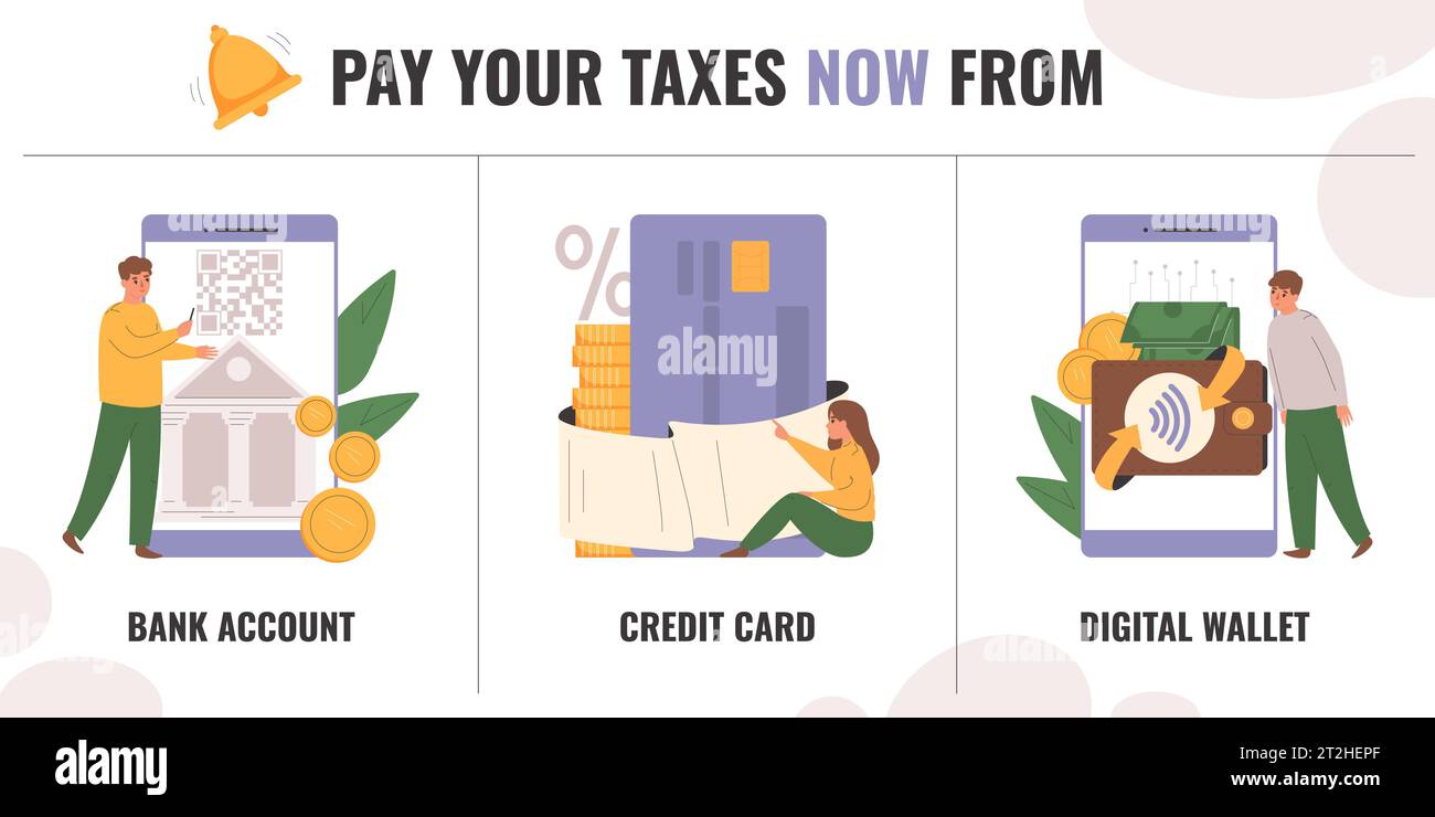 Tax pay flat composition with bank account and credit card symbols ...