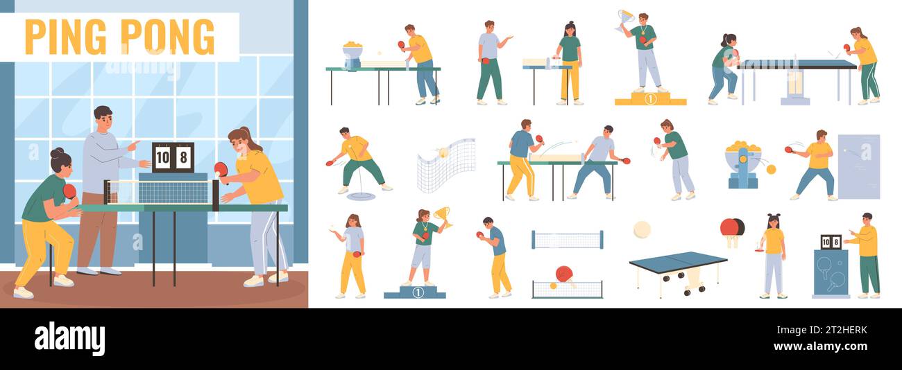 Ping pong flat icons set with people playing table tennis isolated ...