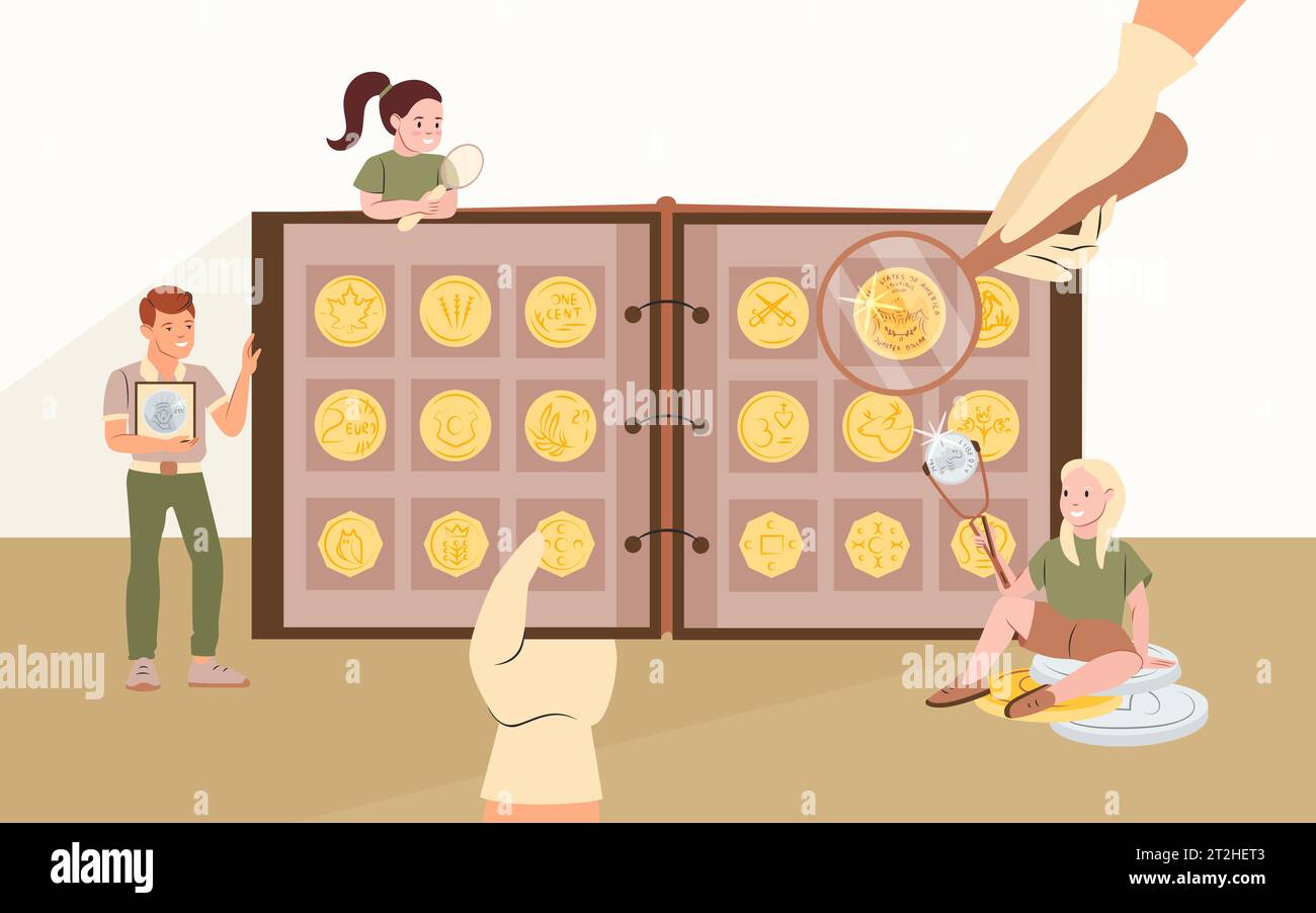 Numismatics flat concept with open album with gold and silver coins and ...