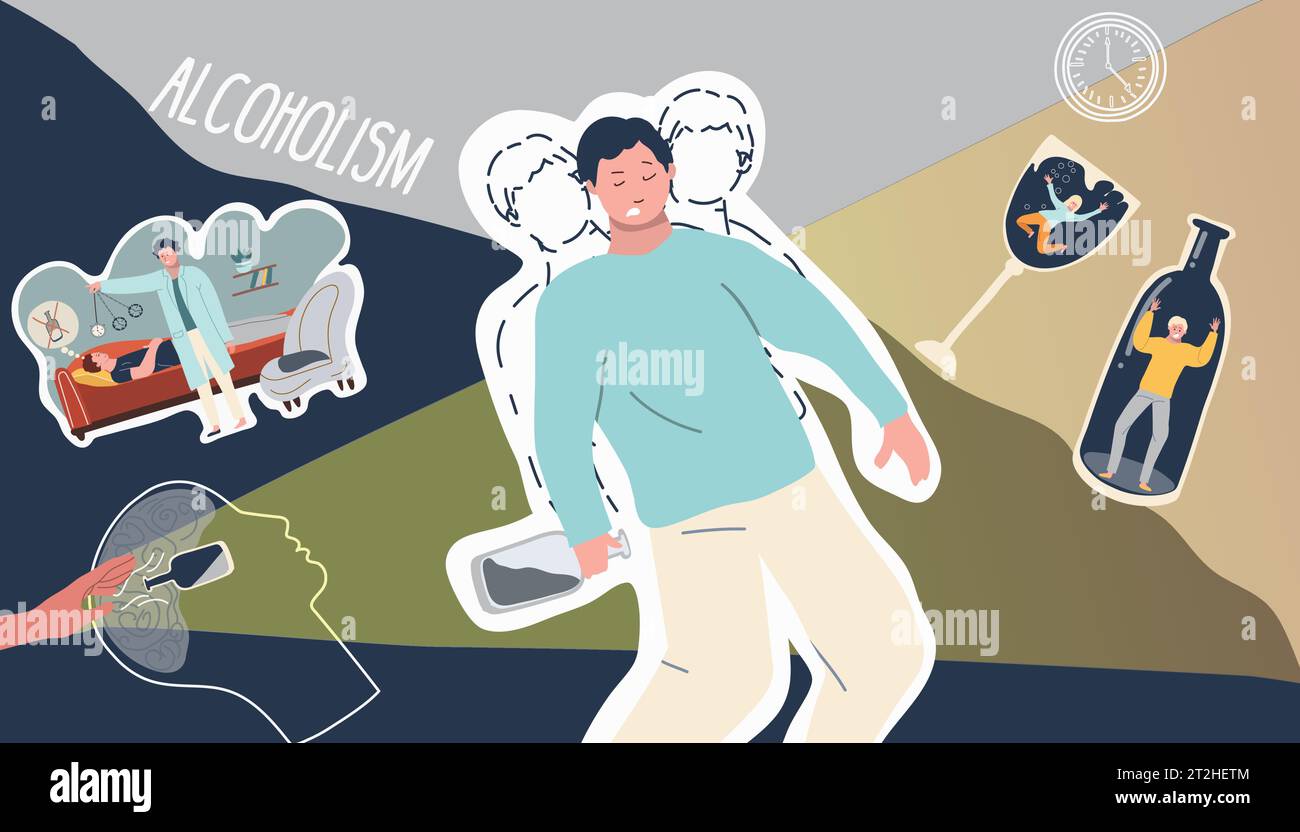 Alcoholism treatment composition with collage of flat icons with doodle ...