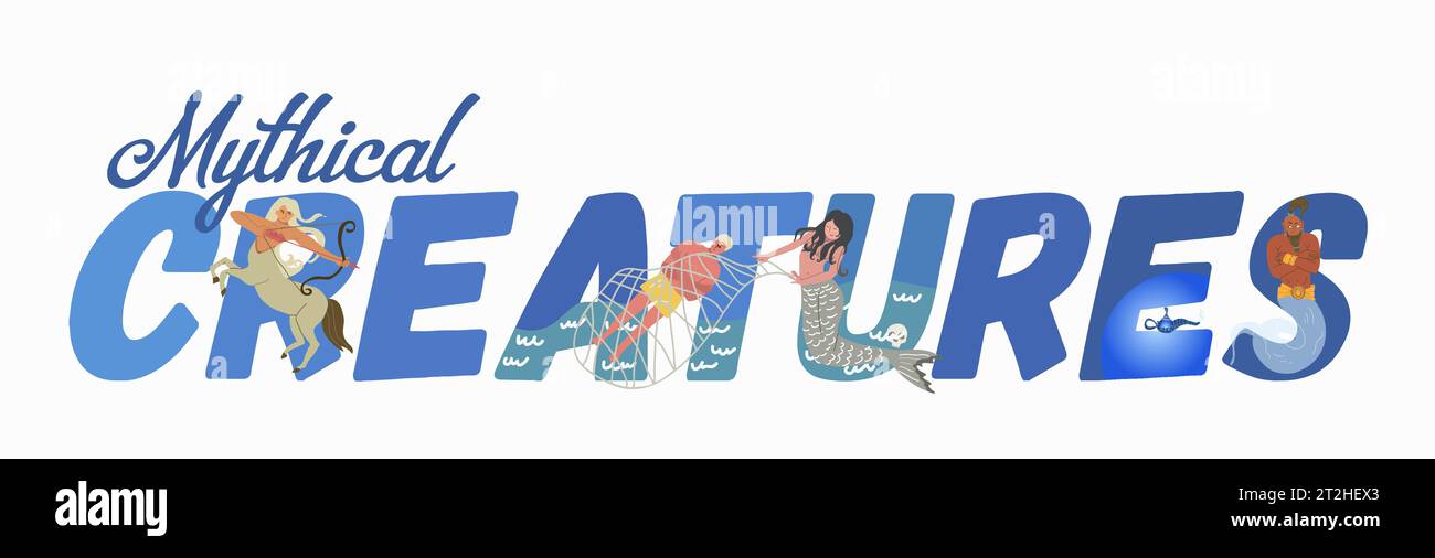 Mythical creatures flat composition with ornate text and doodle ...