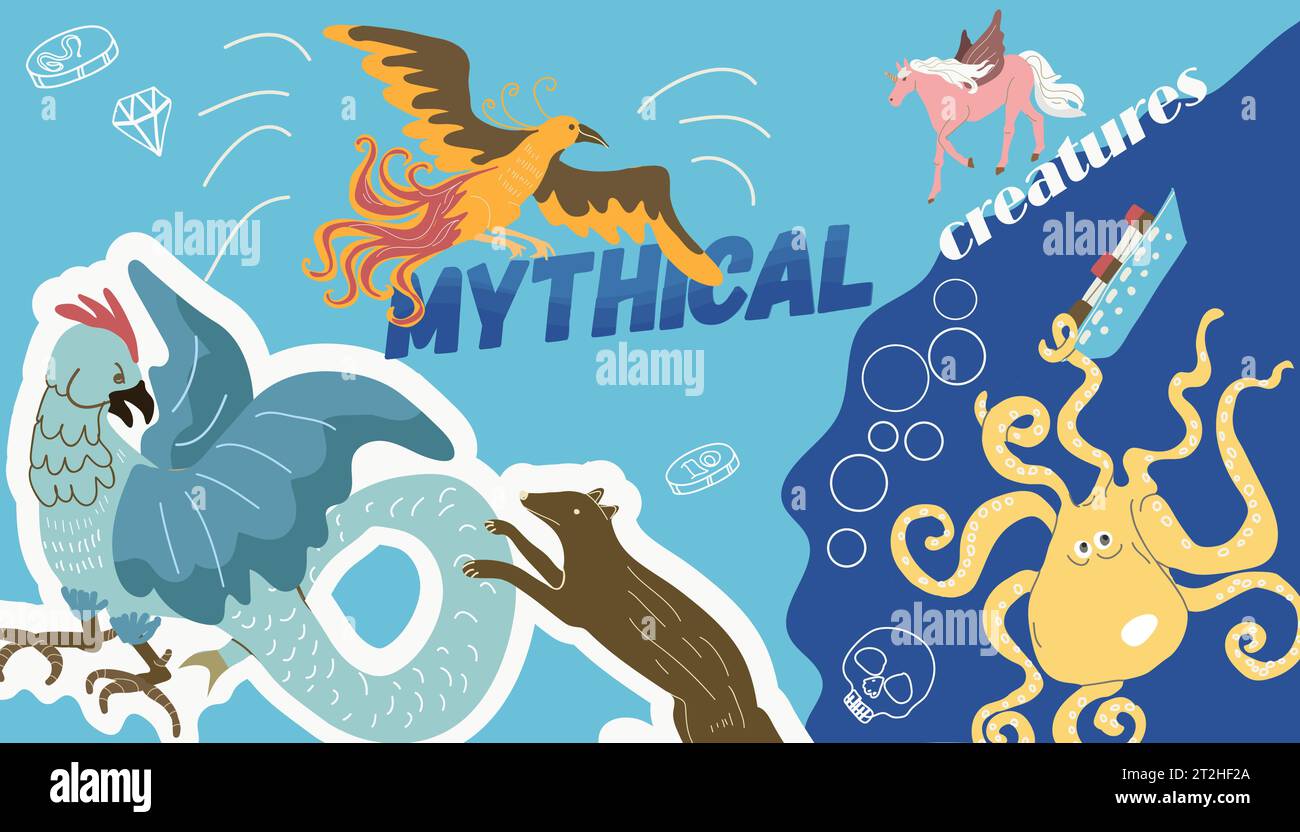 Mythical creatures collage of flat images with fantastic birds gorgons ...