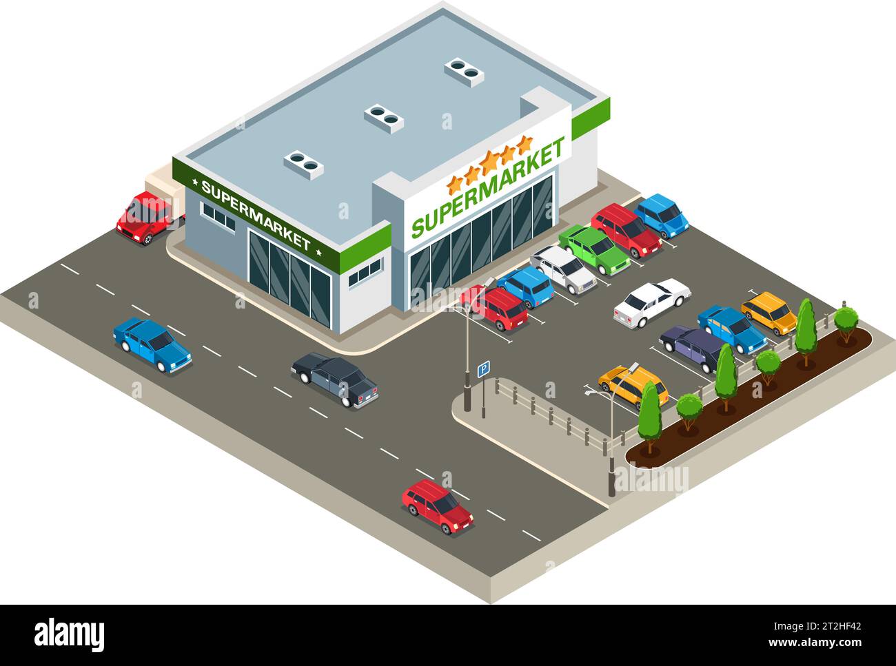 Supermarket building outdoor with car parking isometric object isolated ...