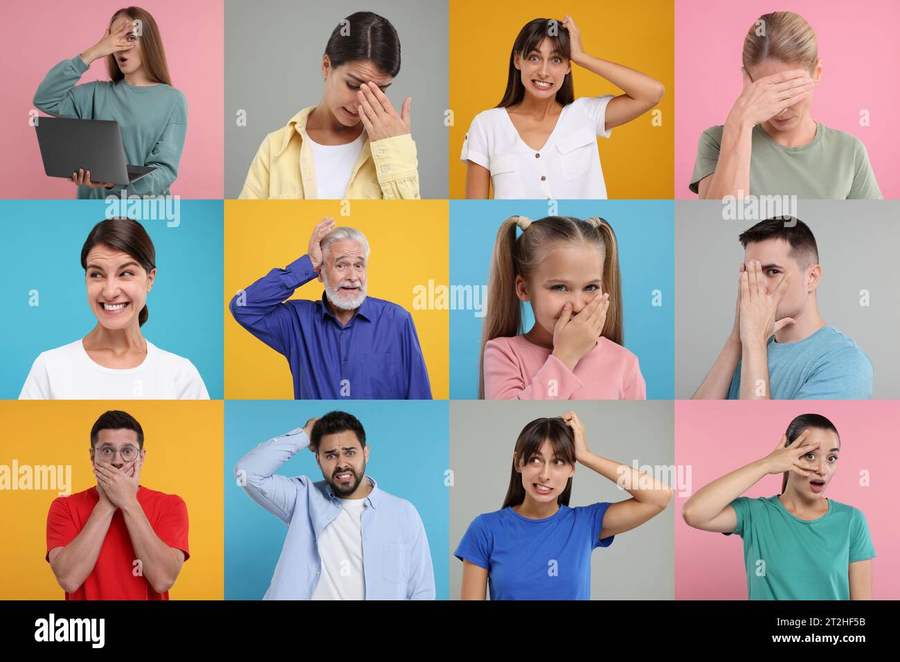 Collage with photos of embarrassed people on different color ...