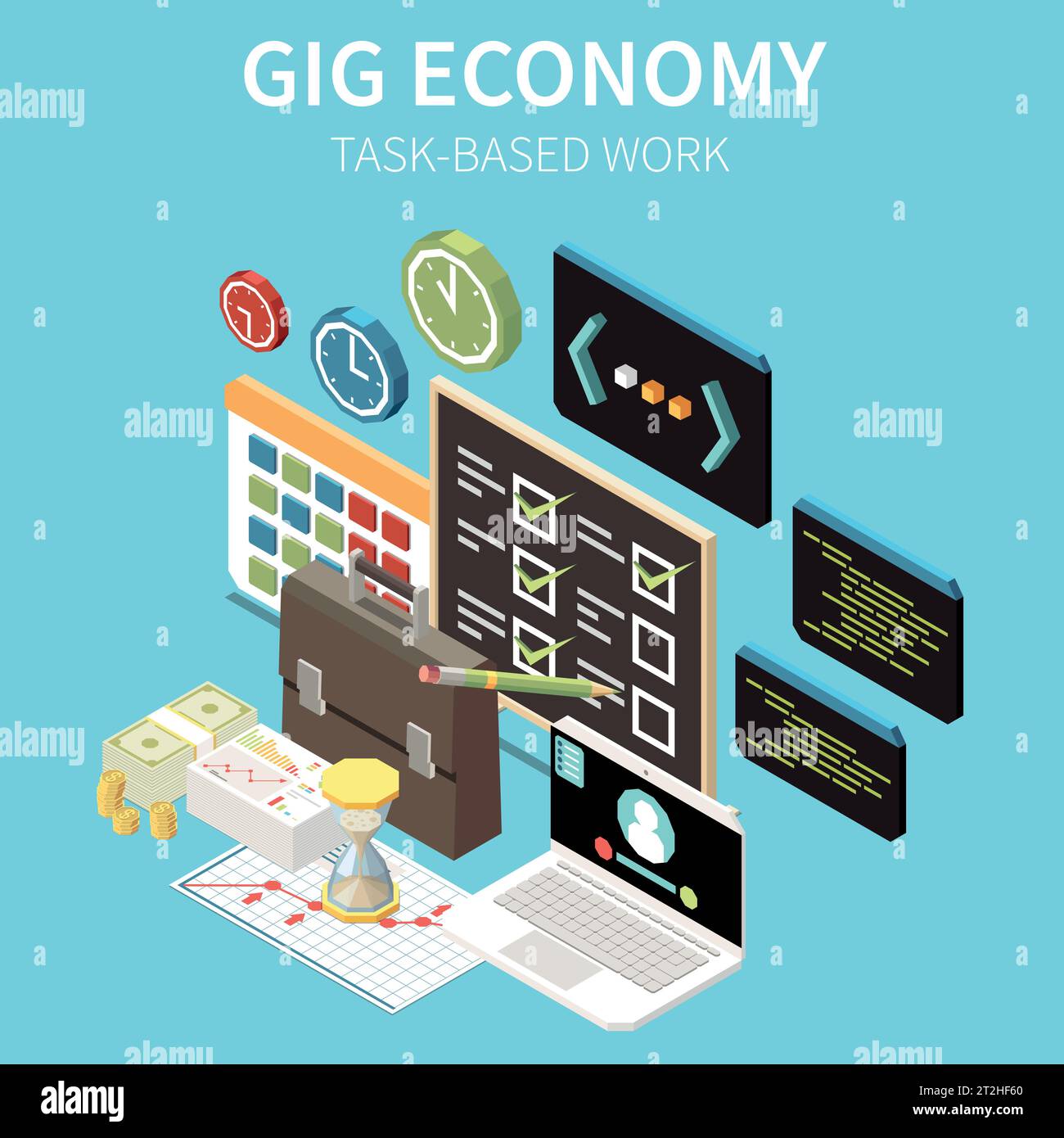 Gig economy isometric composition with task based work icons of clock ...