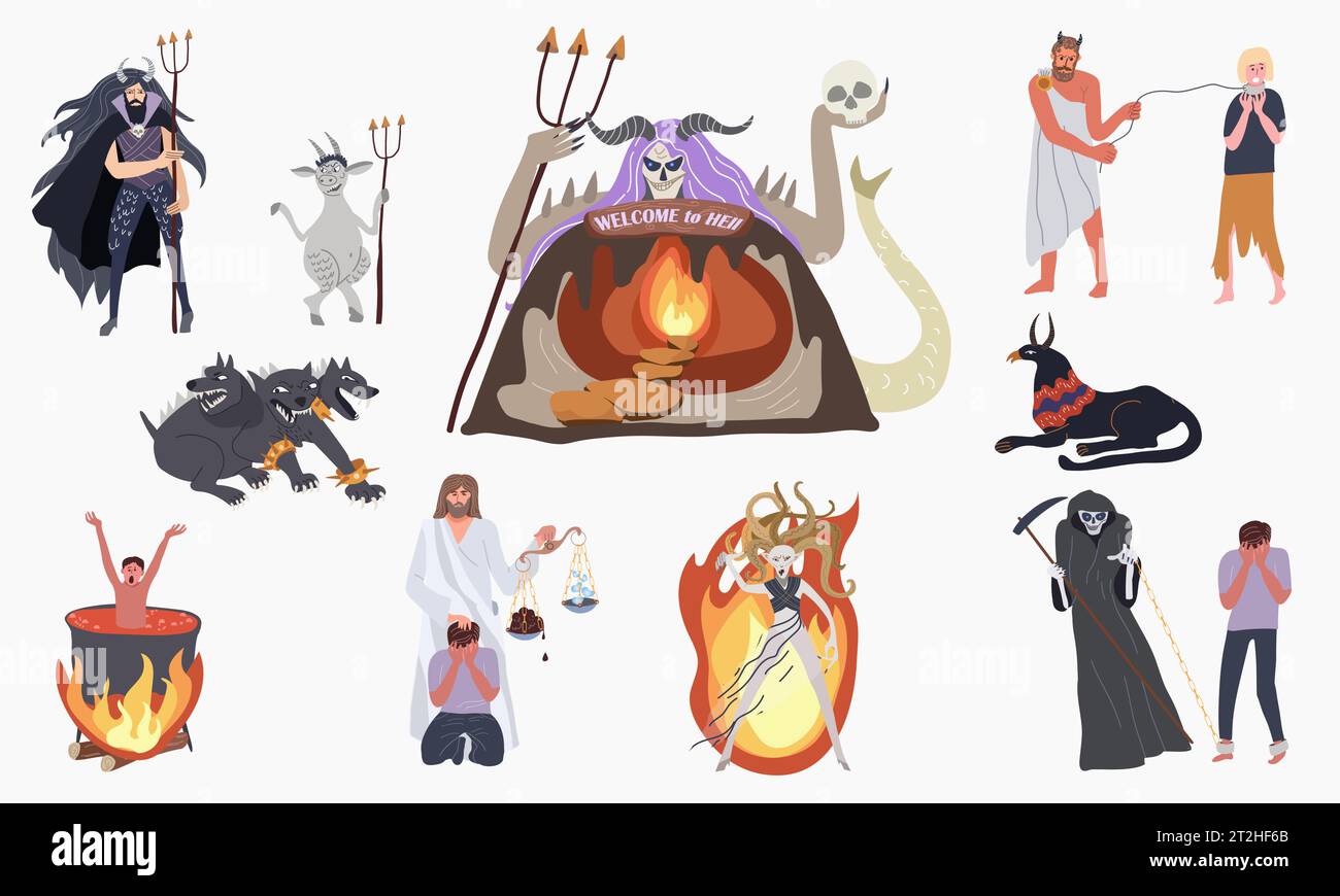 Hell underworld flat set of isolated icons with cartoon style devils ...