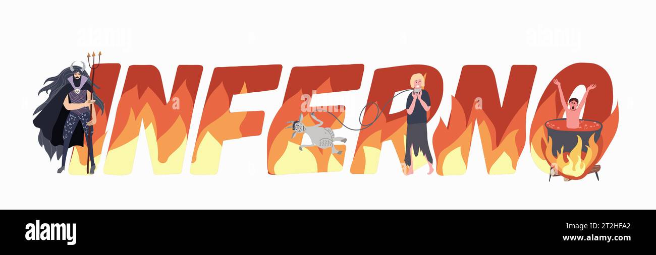 Hell underworld flat composition with text burning fire flames and ...