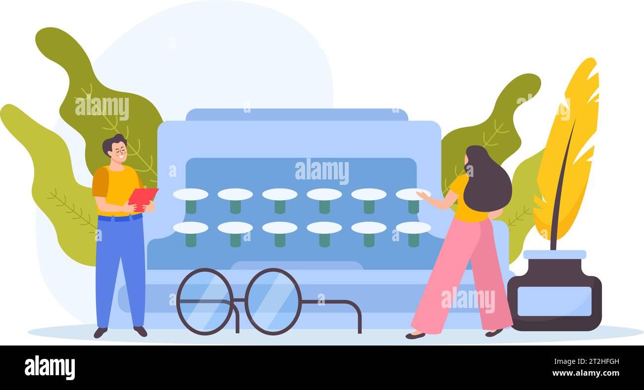 Writer flat background composition with view of typewriter pen in ink ...