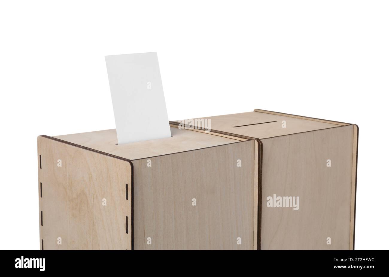 Wooden ballot boxes with vote isolated on white Stock Photo - Alamy