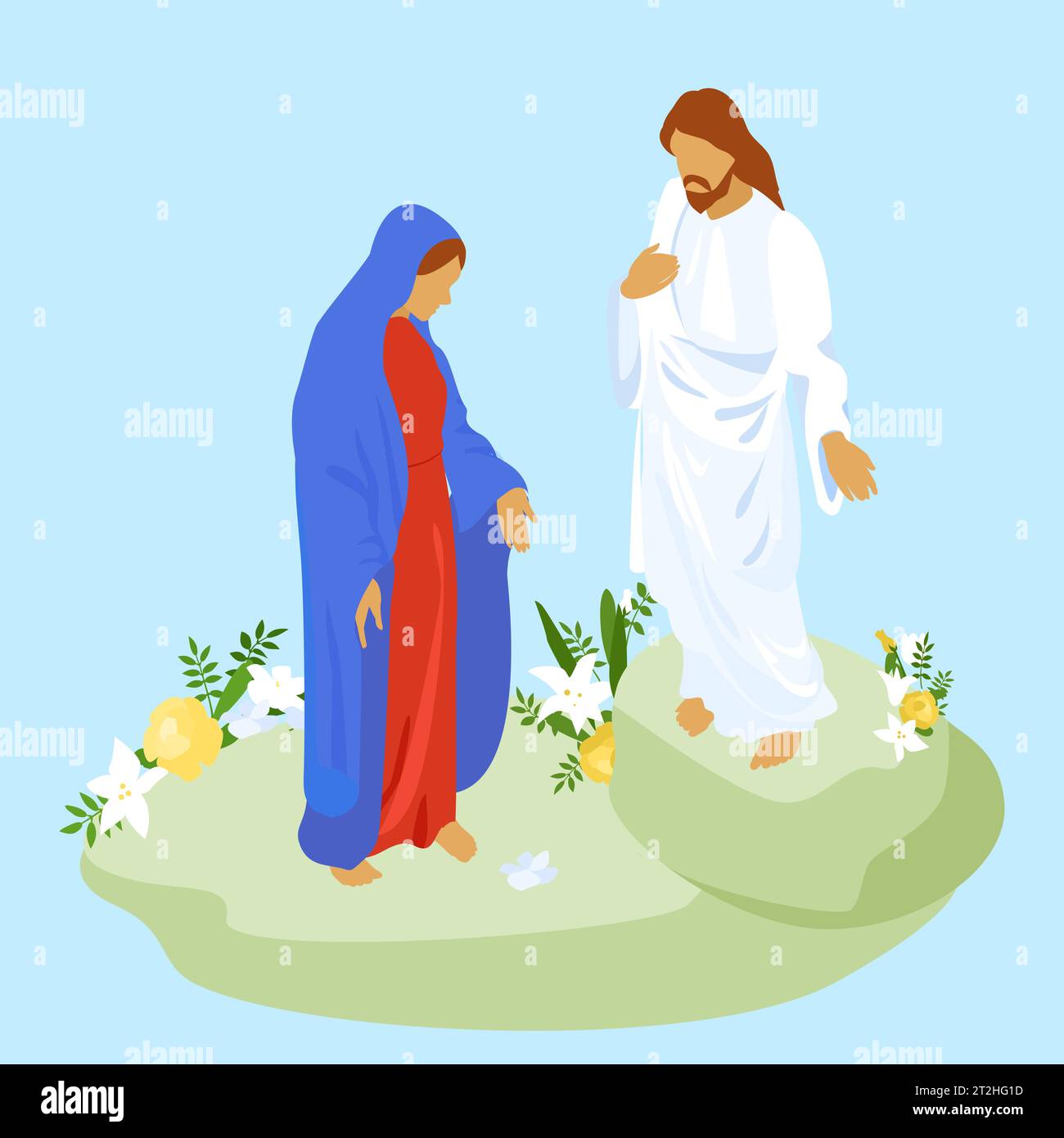 Isometric characters of jesus christ and virgin mary on blue background ...