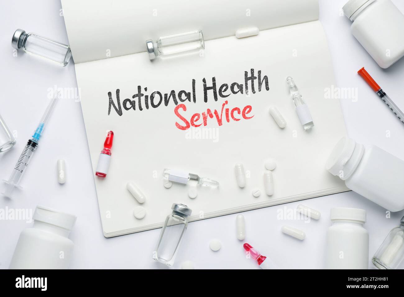 National health service (NHS). Notebook with text and medications on ...