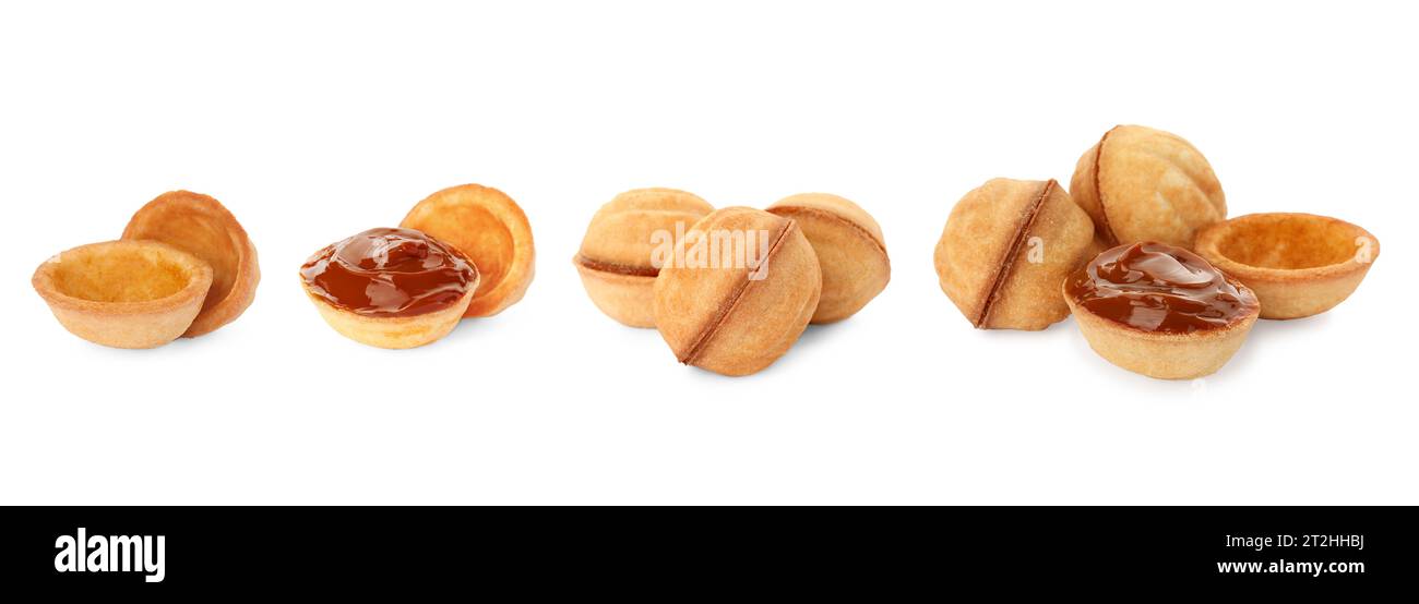 Delicious nut shaped cookies with caramelized condensed milk isolated ...
