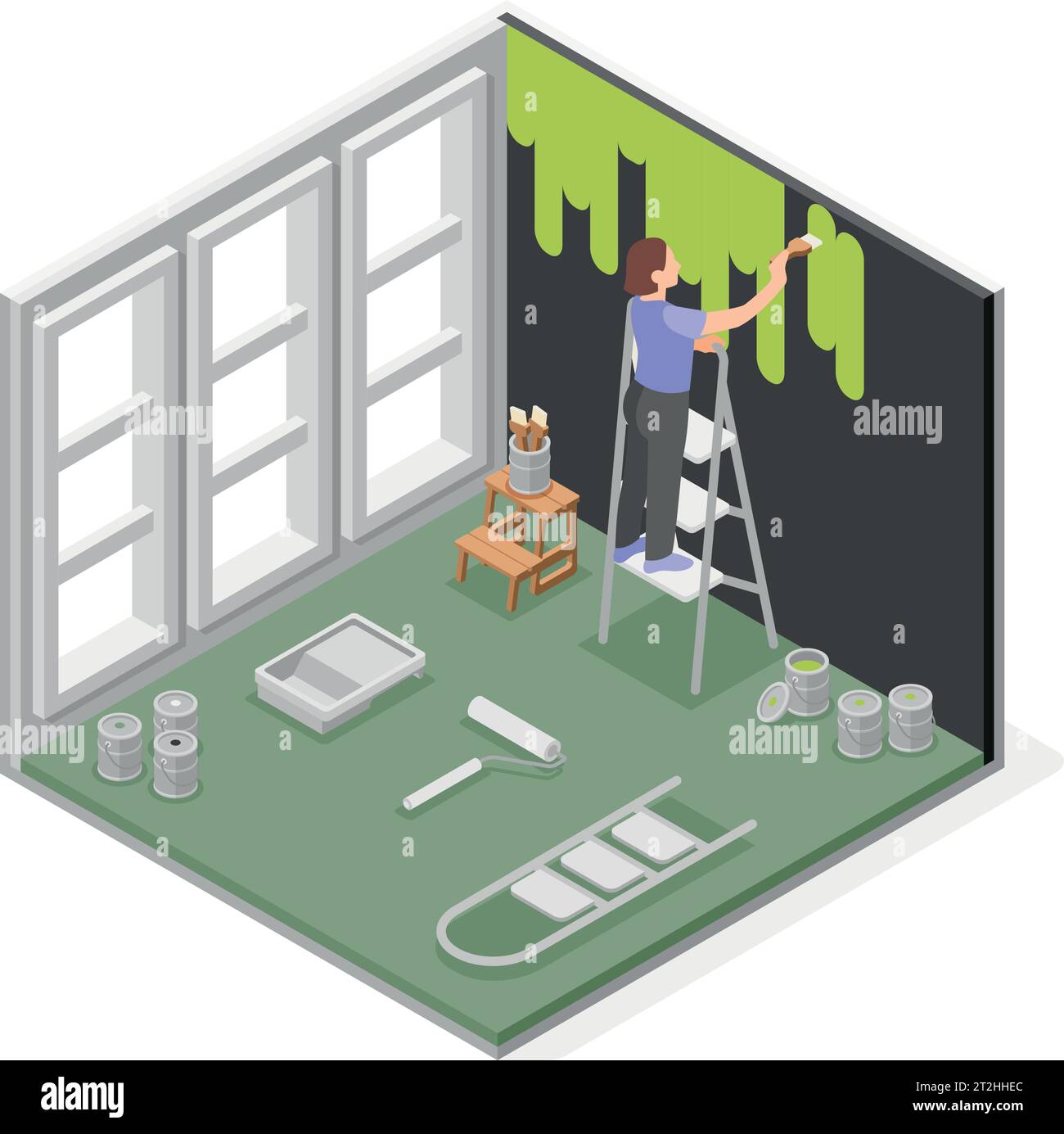 Woman standing on folding metal ladder and painting room walls with ...