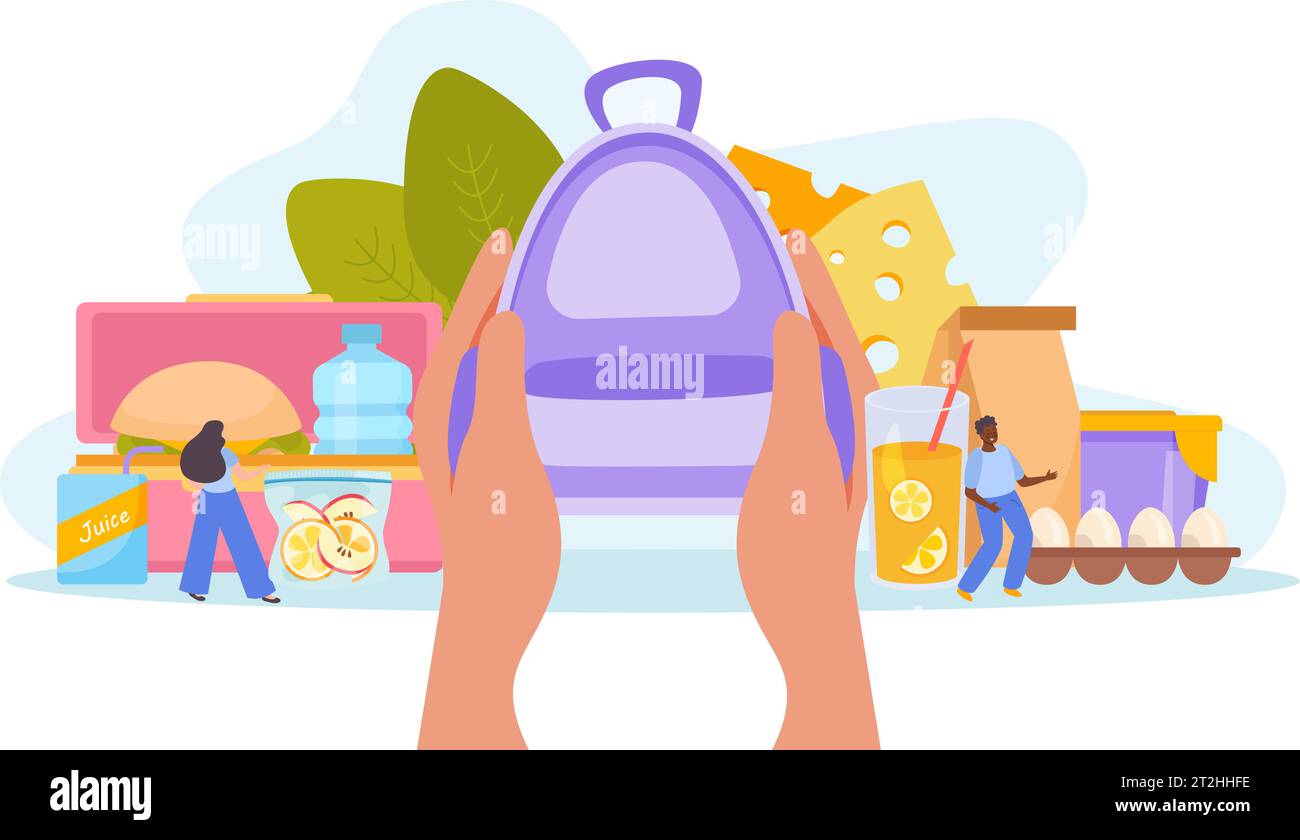 Lunch box flat composition with human hands holding backpack with ...