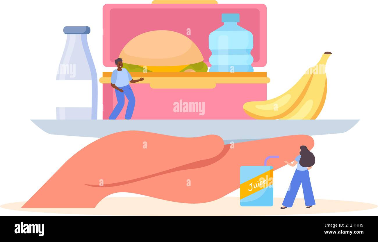 Lunch box flat composition with human hand holding tray with meals and ...