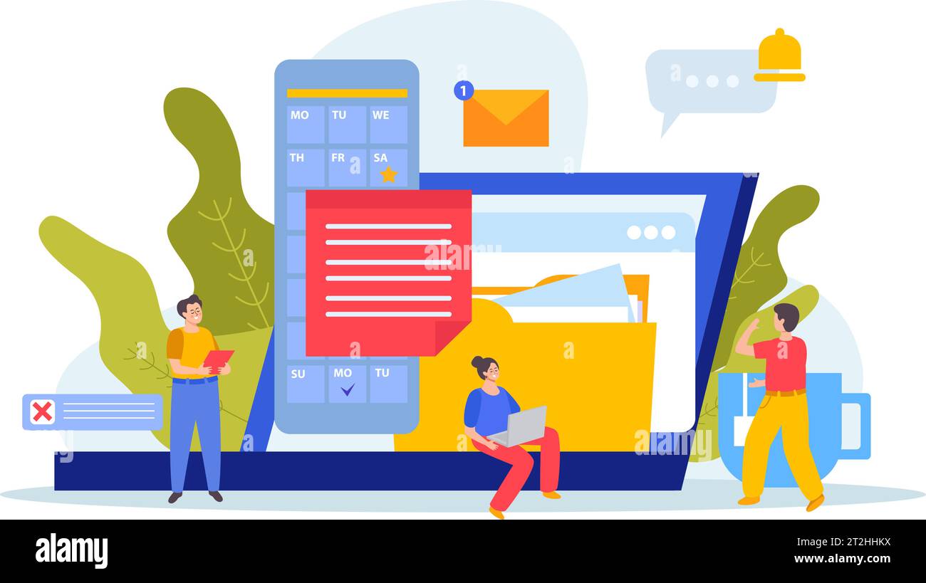Event planning flat composition with doodle human characters laptop ...