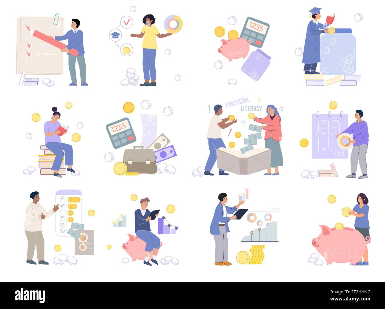 Flat set of people planning their budget and developing financial literacy skills isolated ...