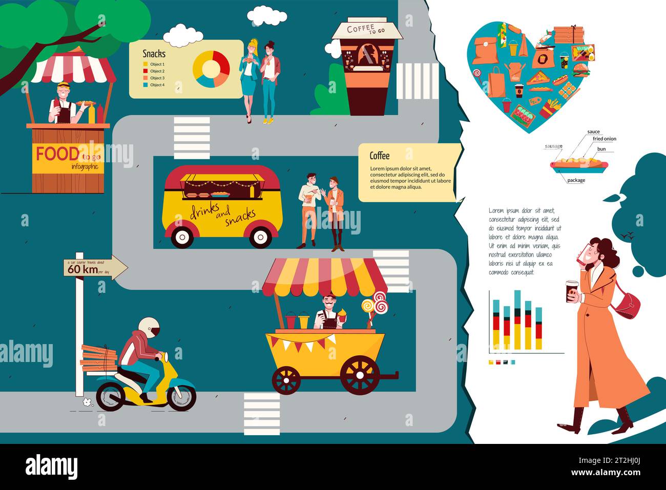 Food to go flat infographics with street shop van cart and pizza ...