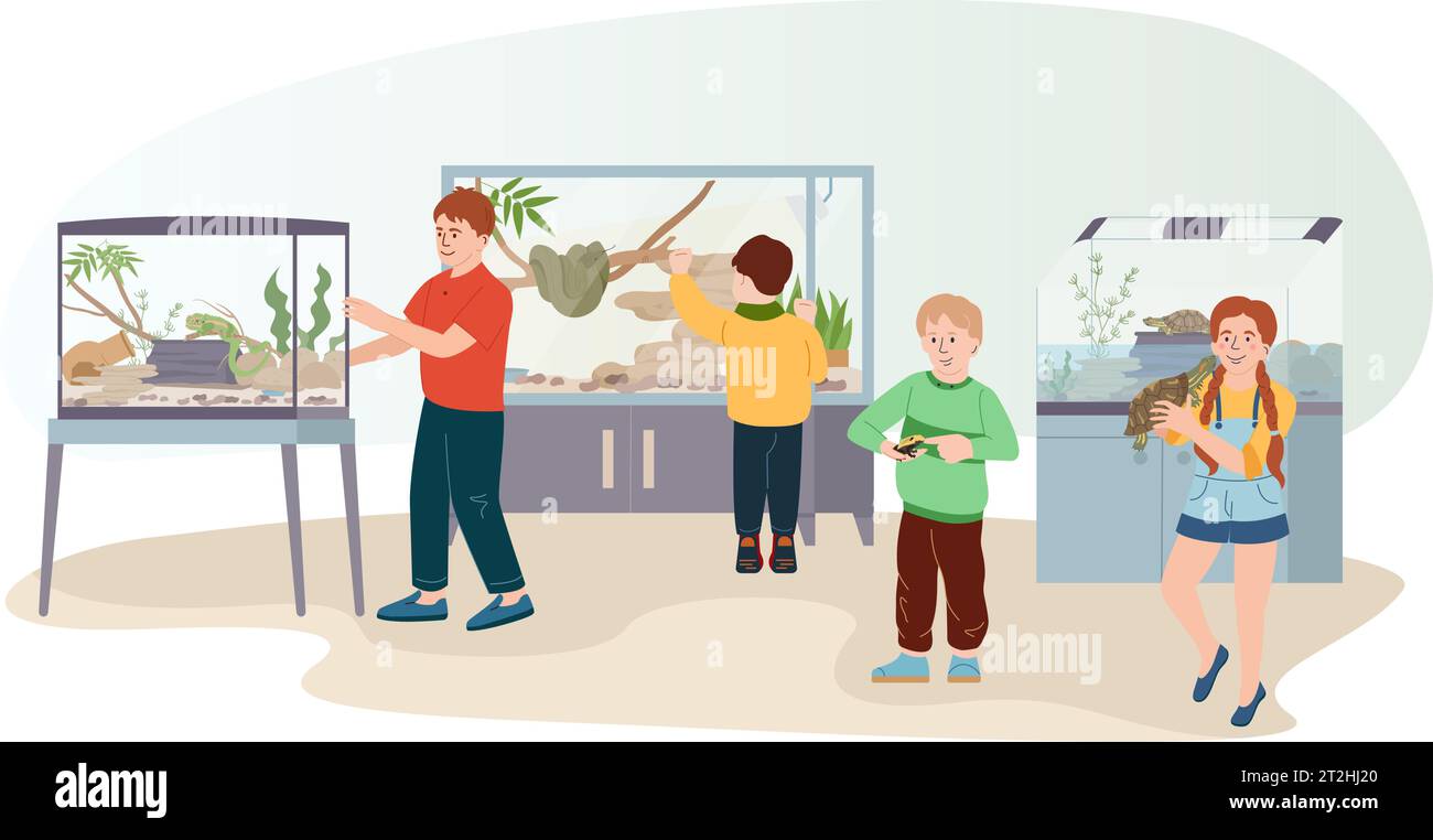 People with exotic pets flat composition with isolated view of reptile ...