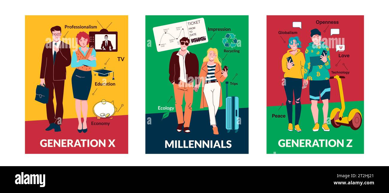 People generations flat poster set representing x and z generation and ... People generations flat poster set representing x and z generation and ...