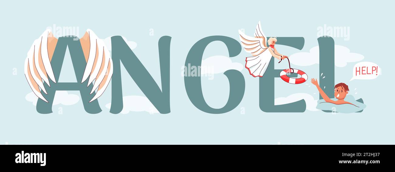 Angel help flat header text with big letters decorated with biblical ...