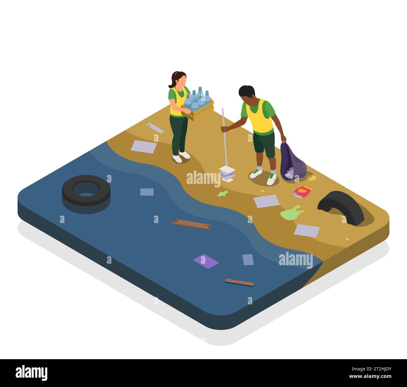 Ecological awareness isometric concept with volunteers cleaning up ...
