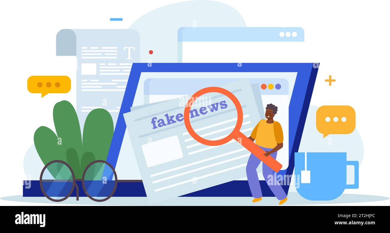 Fake news flat composition with character reading misinformation online ...