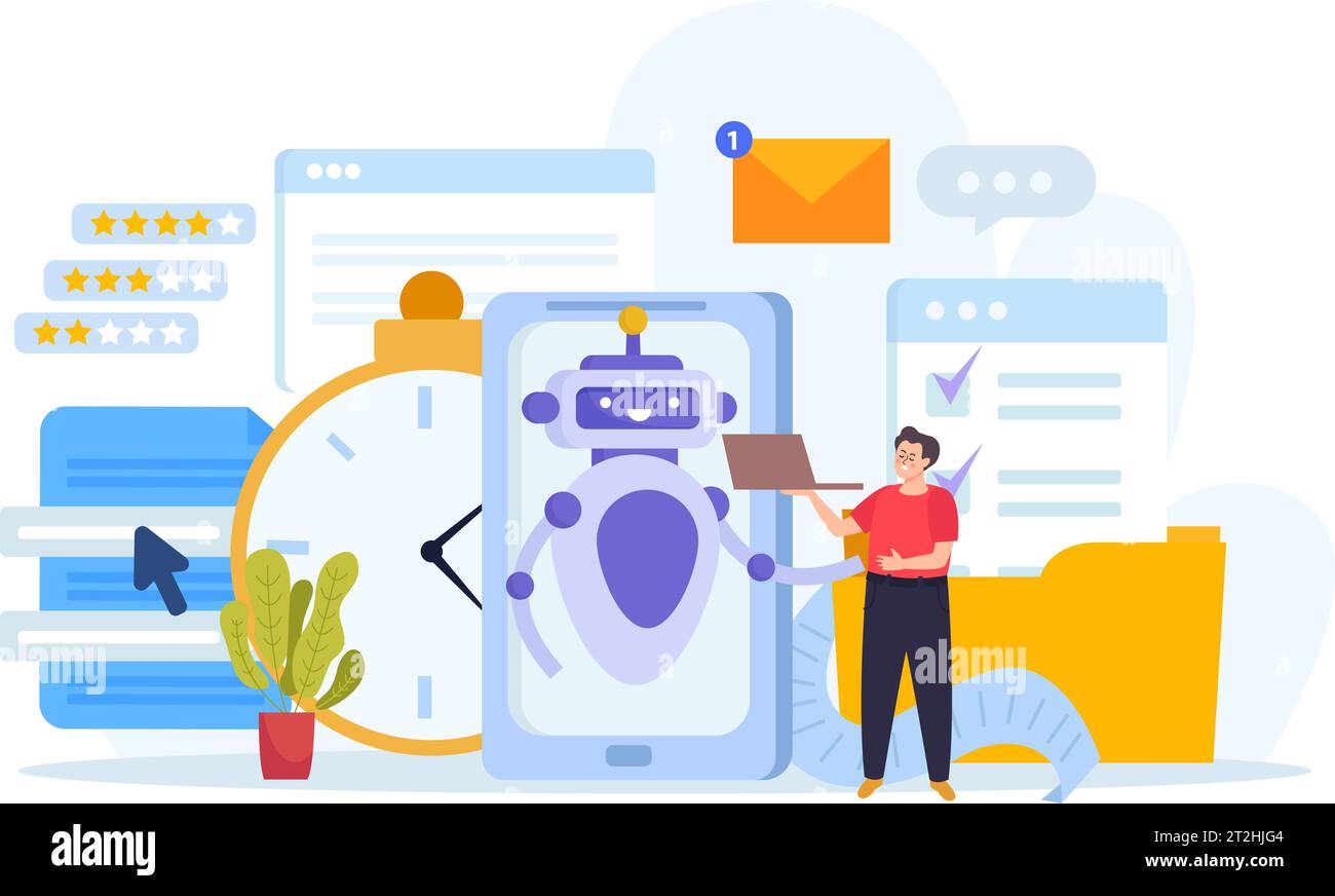 Chatbot online customer service flat concept with man chatting with bot vector illustration ...