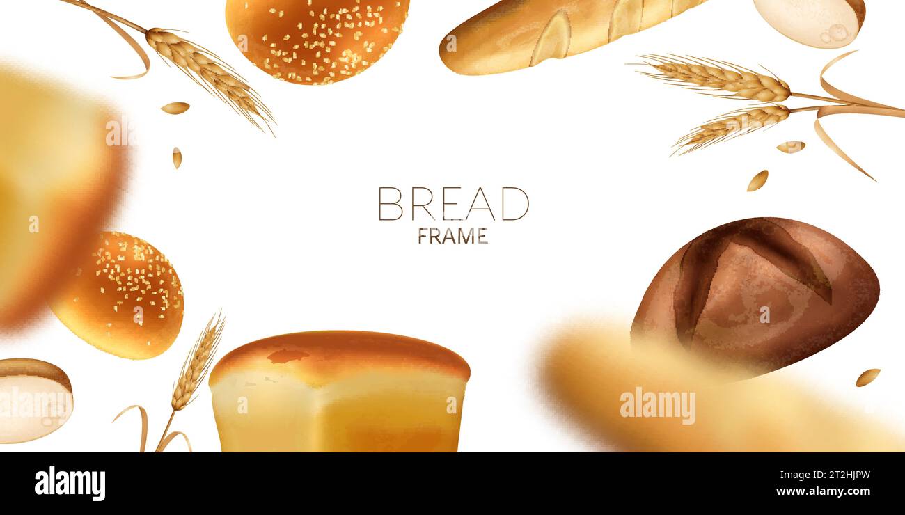 Bakery horizontal frame with fresh bread wheat ears and blurred ...