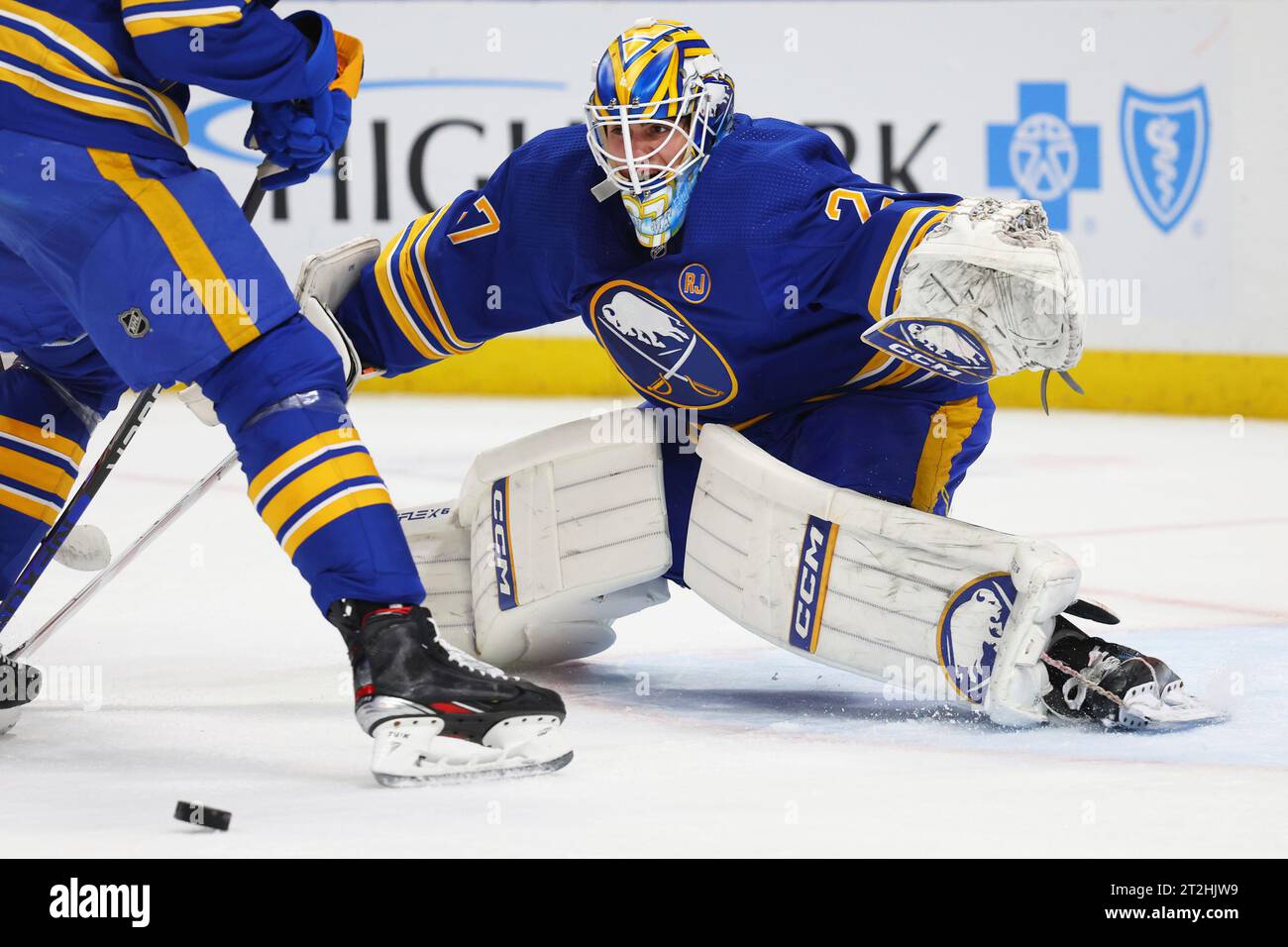 Buffalo Sabres goaltender Devon Levi (27) makes a save in traffic ...