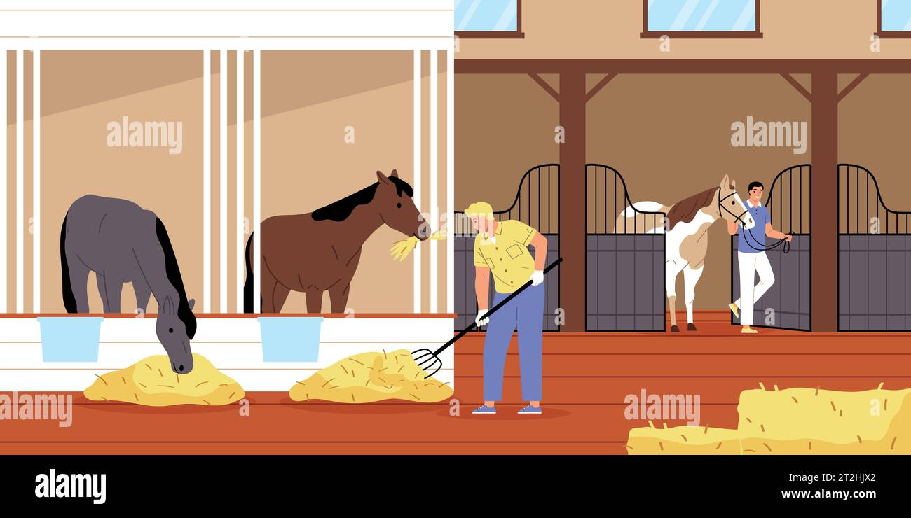 Equine stable interior flat background with workers feeding and caring ...