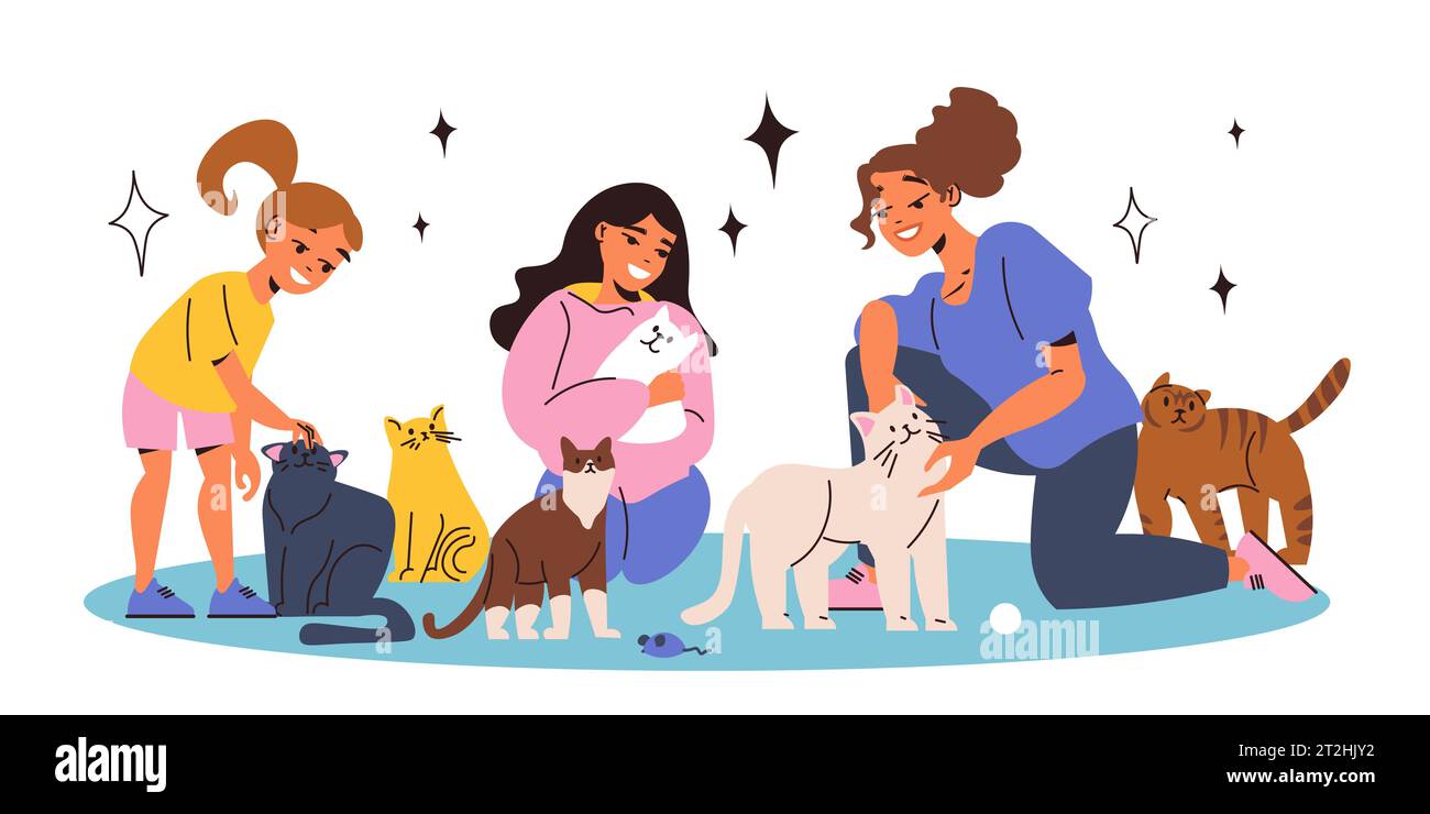 Pet shelter flat composition with happy girls cuddling with cats vector ...