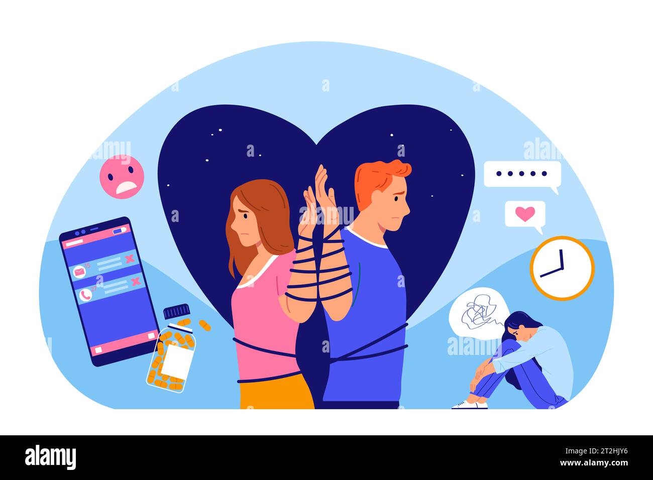 Love addiction flat design concept depicting psychological dependence ...