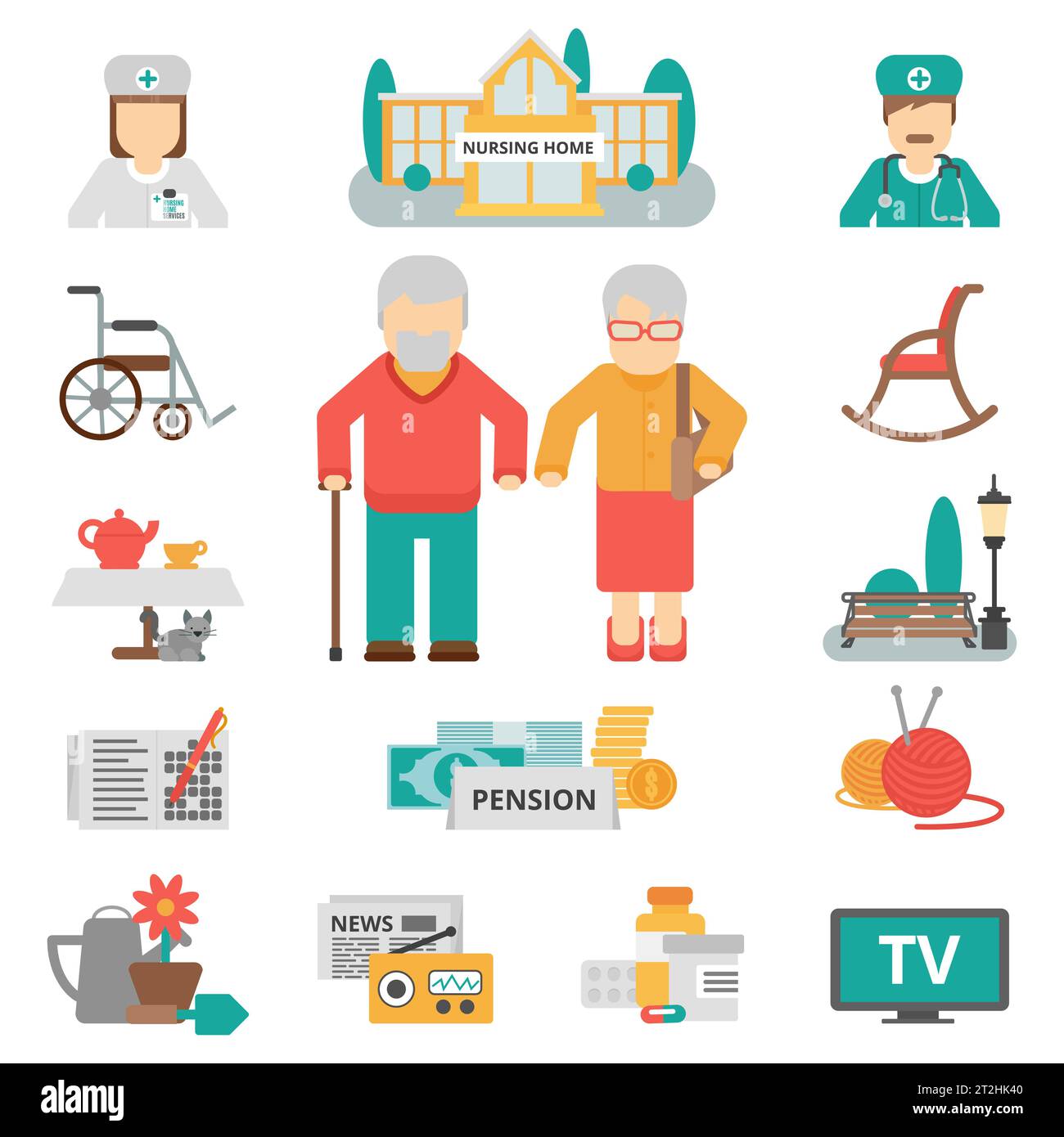 Senior lifestyle flat color icons set with elderly family couple ...
