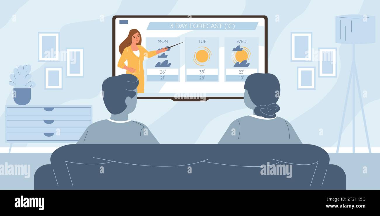 Man and woman watching weather forecast on tv in living room flat ...